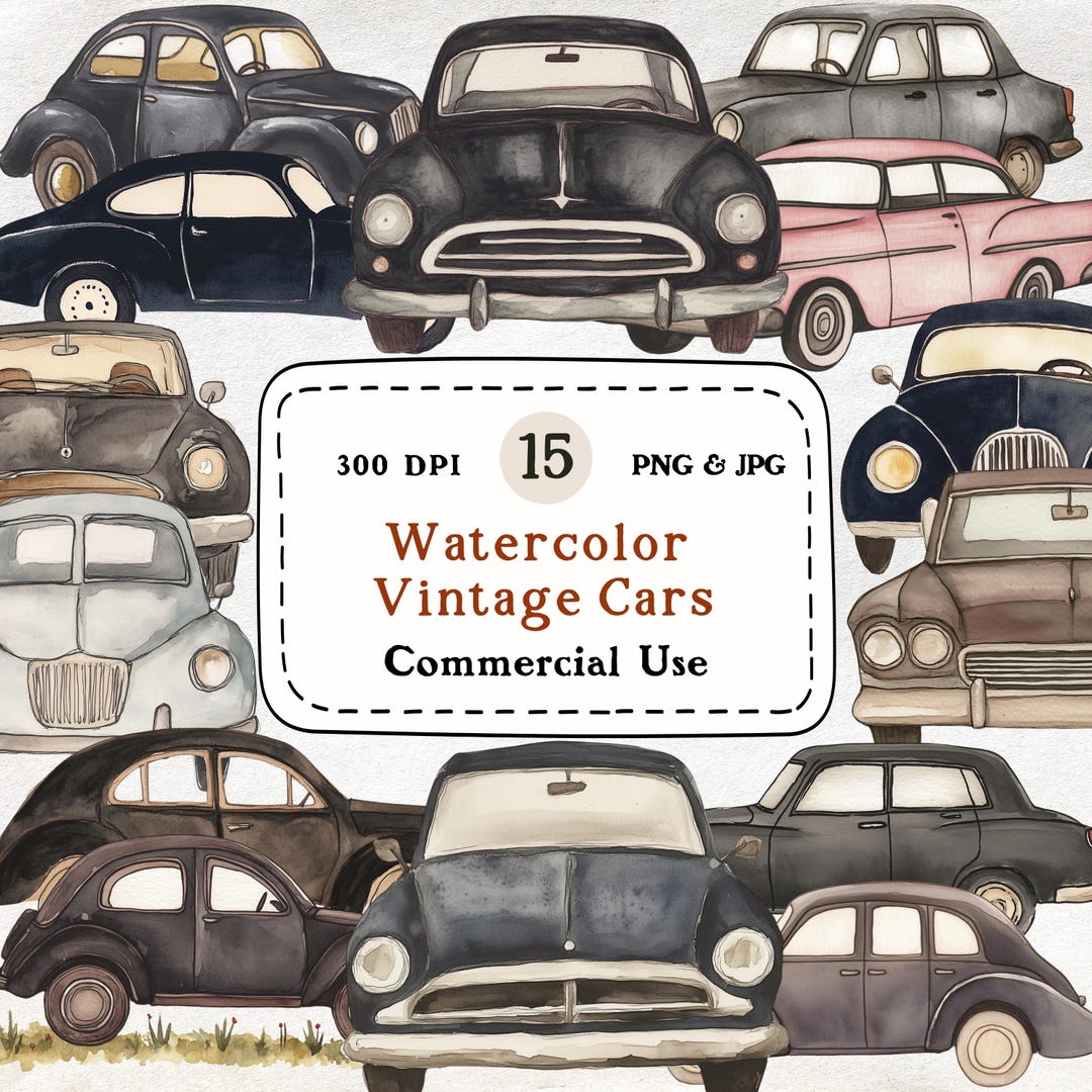 Vintage Cars - 15 Watercolor Clipart Set, Retro Car, Classic Car, Cute ...