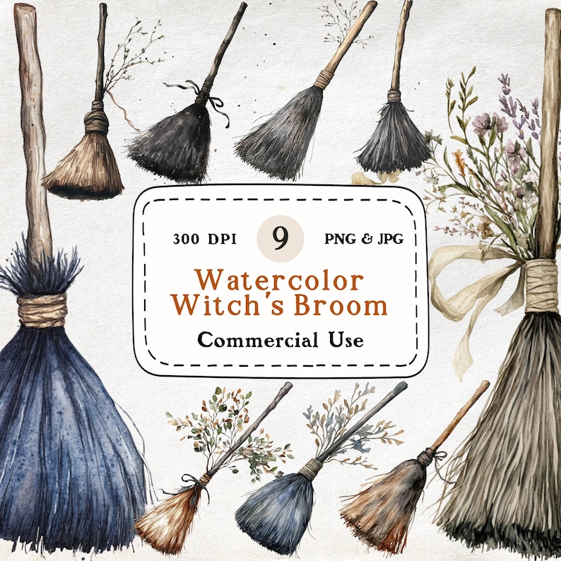 Witch's Broom - 9 Watercolor Clipart Set, Magical Halloween Broom ...