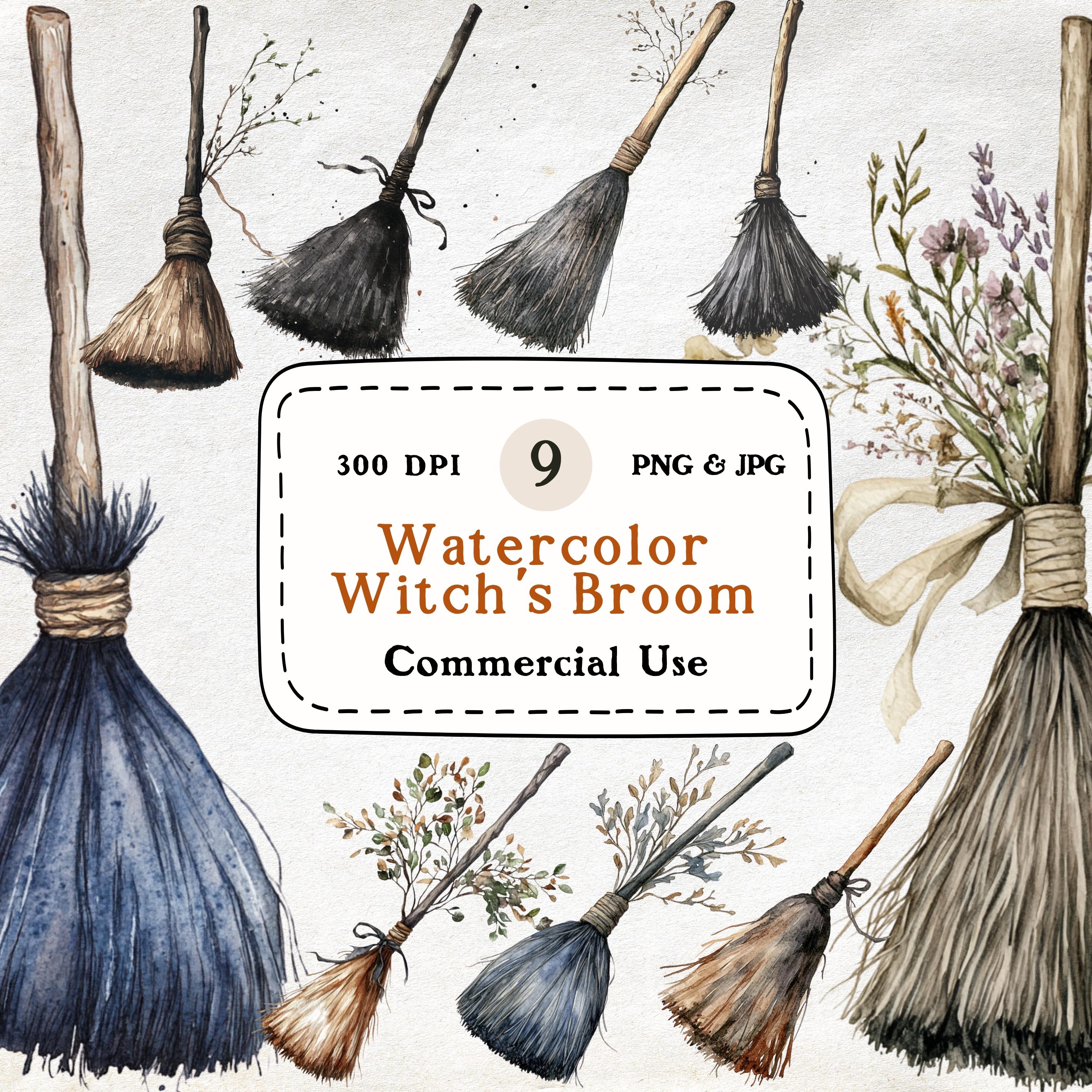 Witch's Broom - 9 Watercolor Clipart Set, Magical Halloween Broom ...