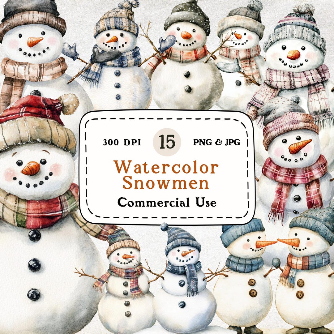 Cute Snowmen - 15 Watercolor Clipart Set, Winter Snowman, Christmas ...