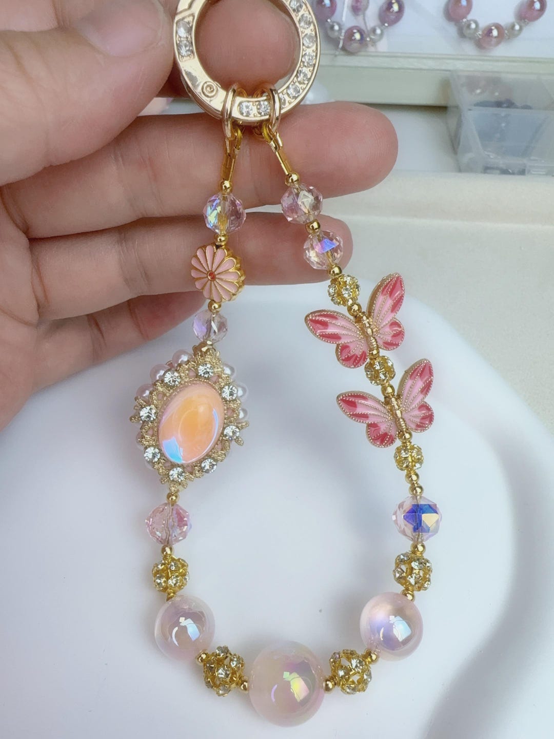 Gorgeous Pink and Gold Beaded Phone Charm – Stylish Glitter Accessory ...