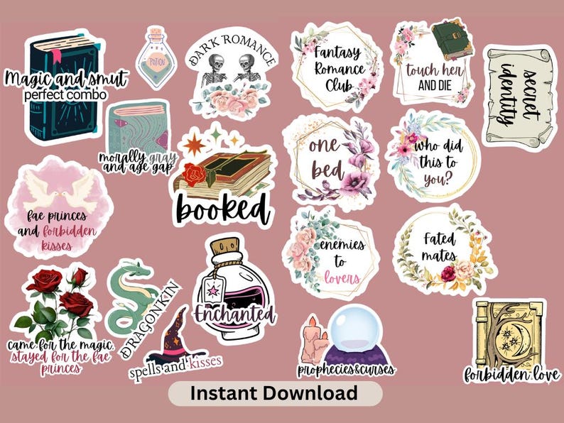40 Digital Bookish Stickers | Printable Fantasy Romance Booktok Sticker ...