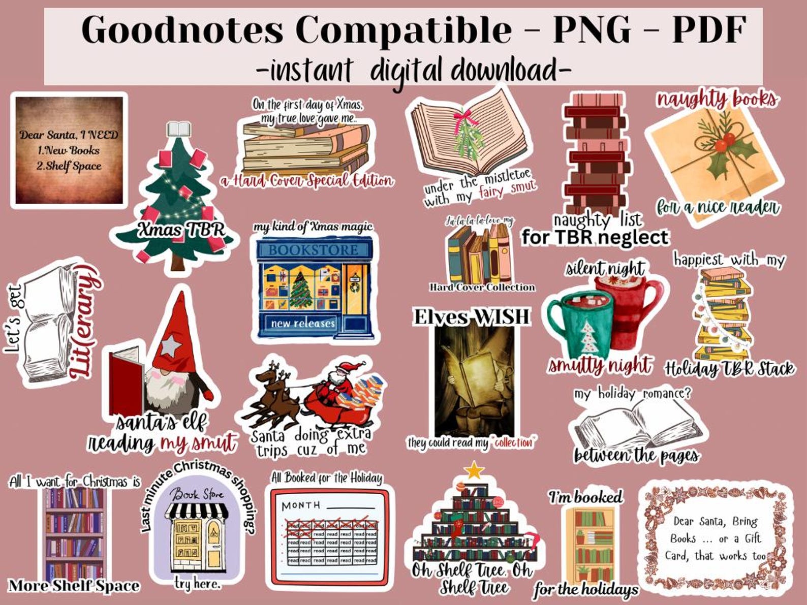40 Christmas Bookish Sticker Bundle | Book Lover Smut Digital Printable ...