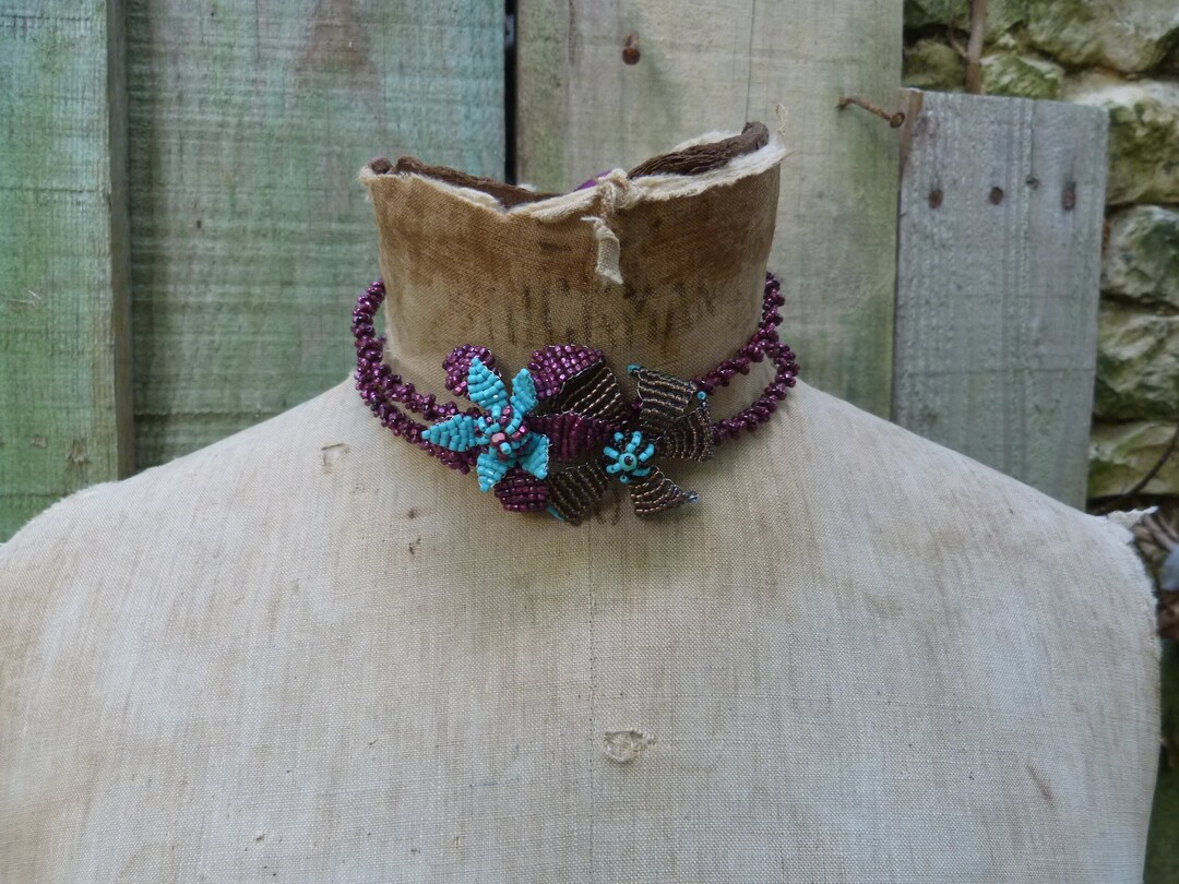 Handmade in France Large Beaded Lace Chocker Necklace Antique Glass ...