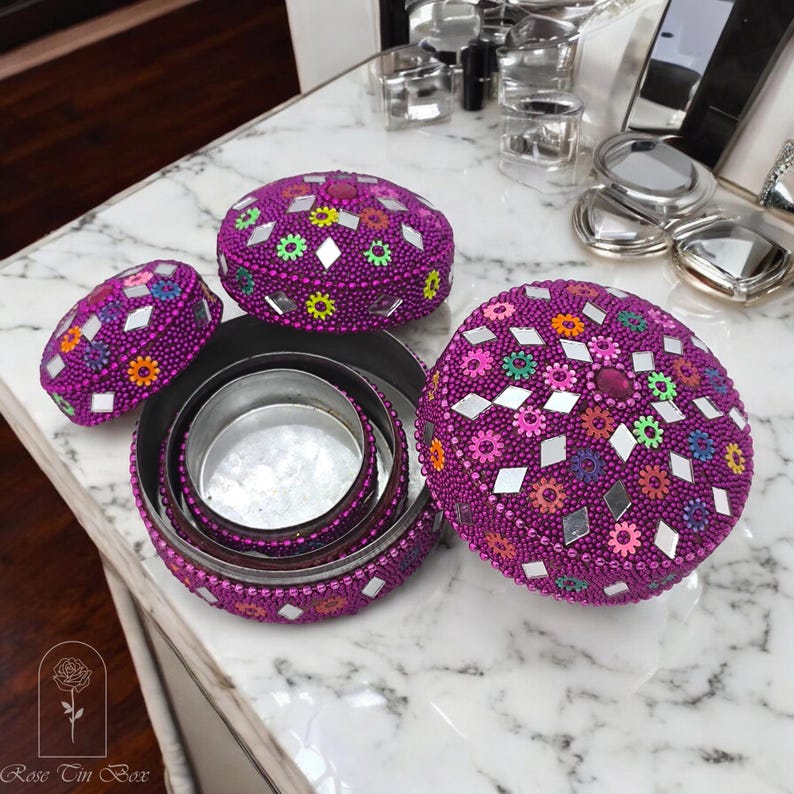Indian Trinket Box Set: Beaded & Mirrored Jewelry Box, Wedding Favors ...