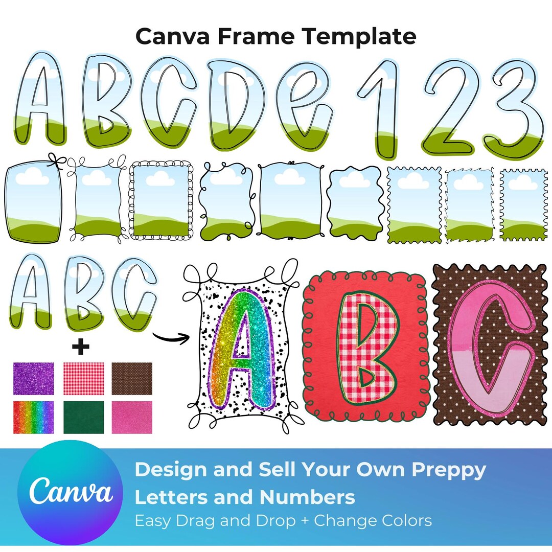 Preppy Letters Canva Frames Font: Editable Alphabet & Numbers (digital ...