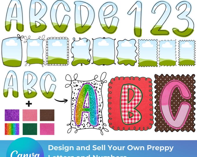 Preppy Letters Canva Frames Font: Editable Alphabet & Numbers (digital ...