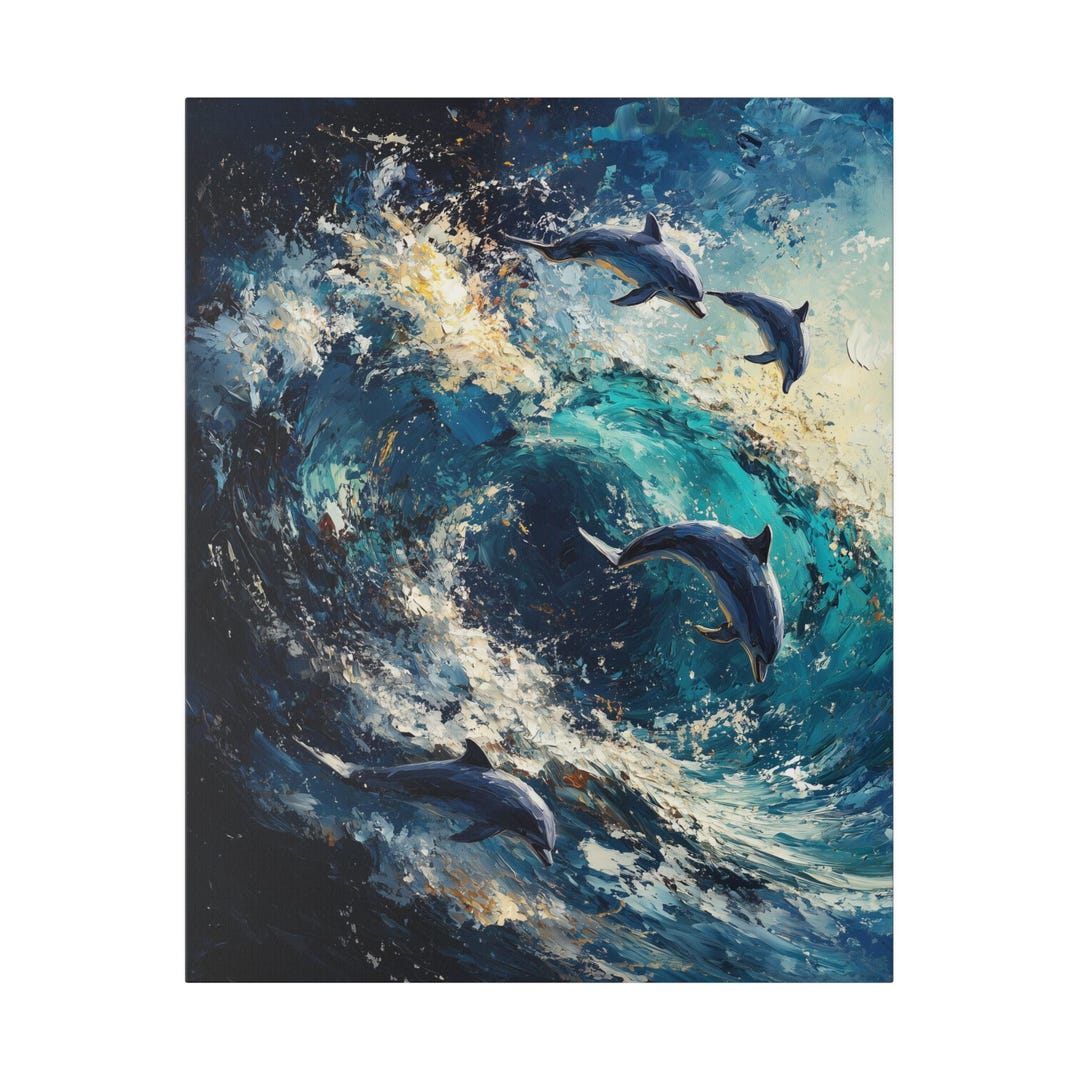 Van Gogh-style Dolphin Family | Ocean Wildlife Art | Canvas Print 0.75 ...