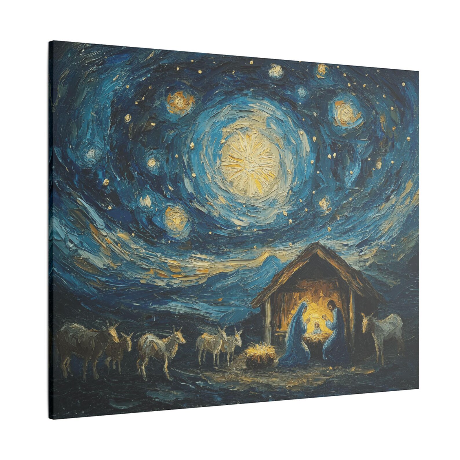 Nativity Scene Under a Starry Sky | Christmas Art | Canvas Print 0.75 ...