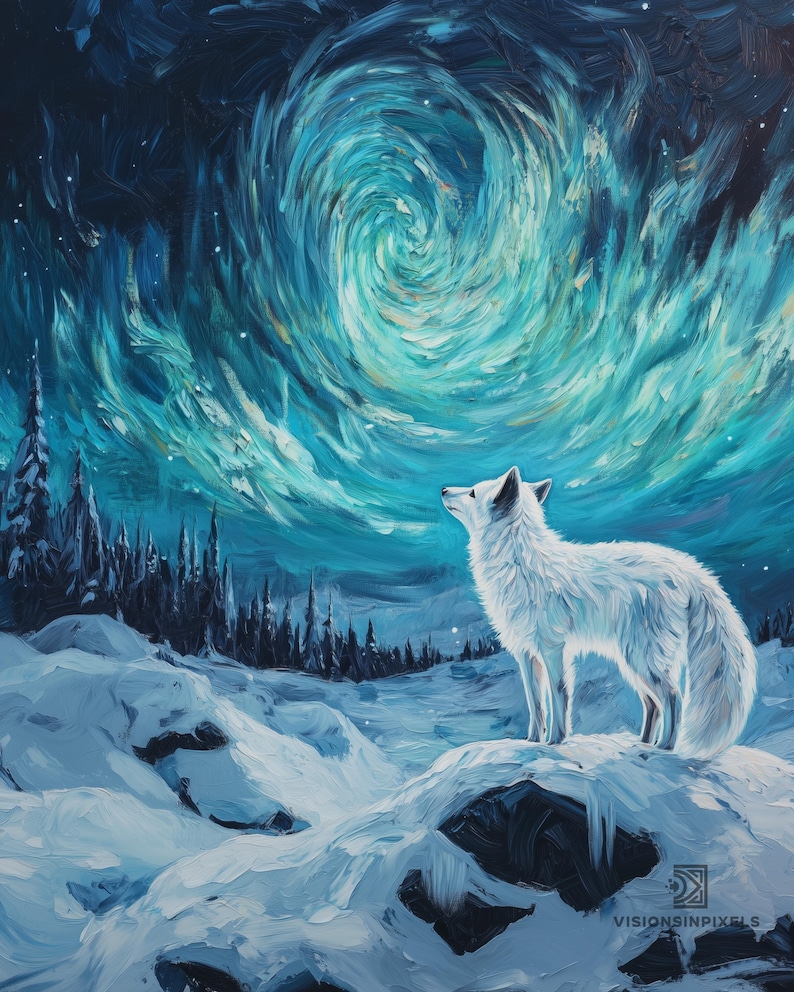 Van Gogh-style Arctic Fox in an Icy Landscape | Winter Wildlife Art ...