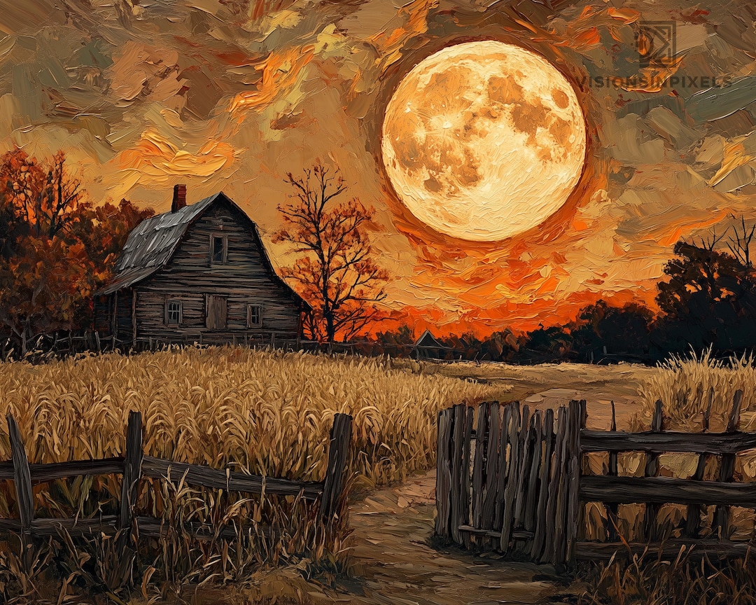 Harvest Moon Over a Farmhouse | Van Gogh Style Rustic Fall Decor ...
