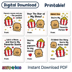 Printable Popcorn and Movie Ticket Cards - Instant Digital PDF Download ...