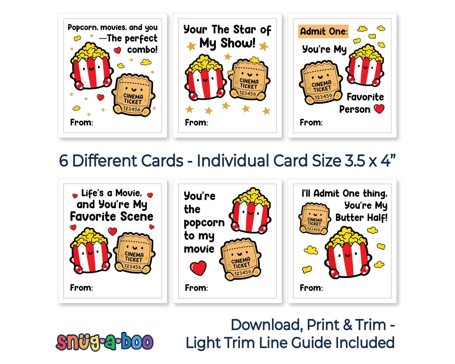 Printable Popcorn and Movie Ticket Cards - Instant Digital PDF Download ...
