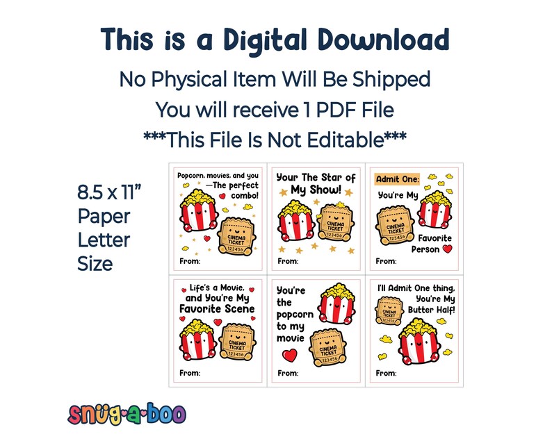 Printable Popcorn and Movie Ticket Cards - Instant Digital PDF Download ...