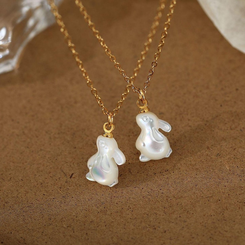 Pearl Bunny Necklace, 14K Gold Adjustable Chain, Stainless Steel ...