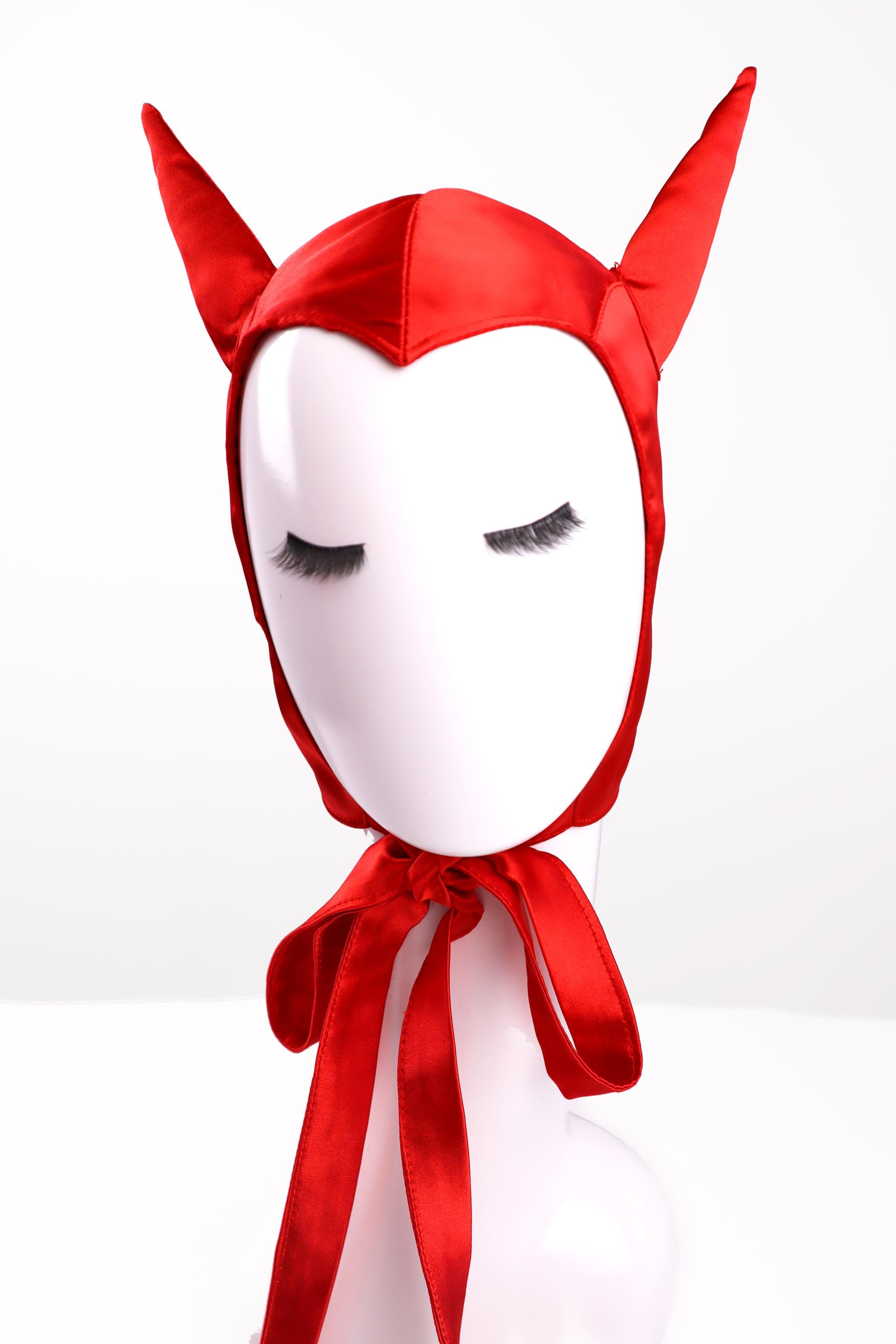 Red Evil Silk Satin Bonnet Horns Halloween Devil Woman Vintage Bonnet ...