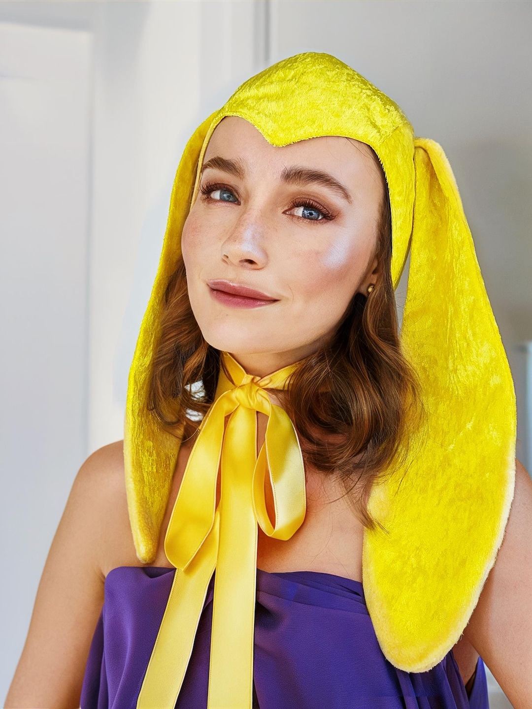 Yellow Bunny Ears Hat Velvet Bonnet Halloween Woman Vintage Bonnet ...