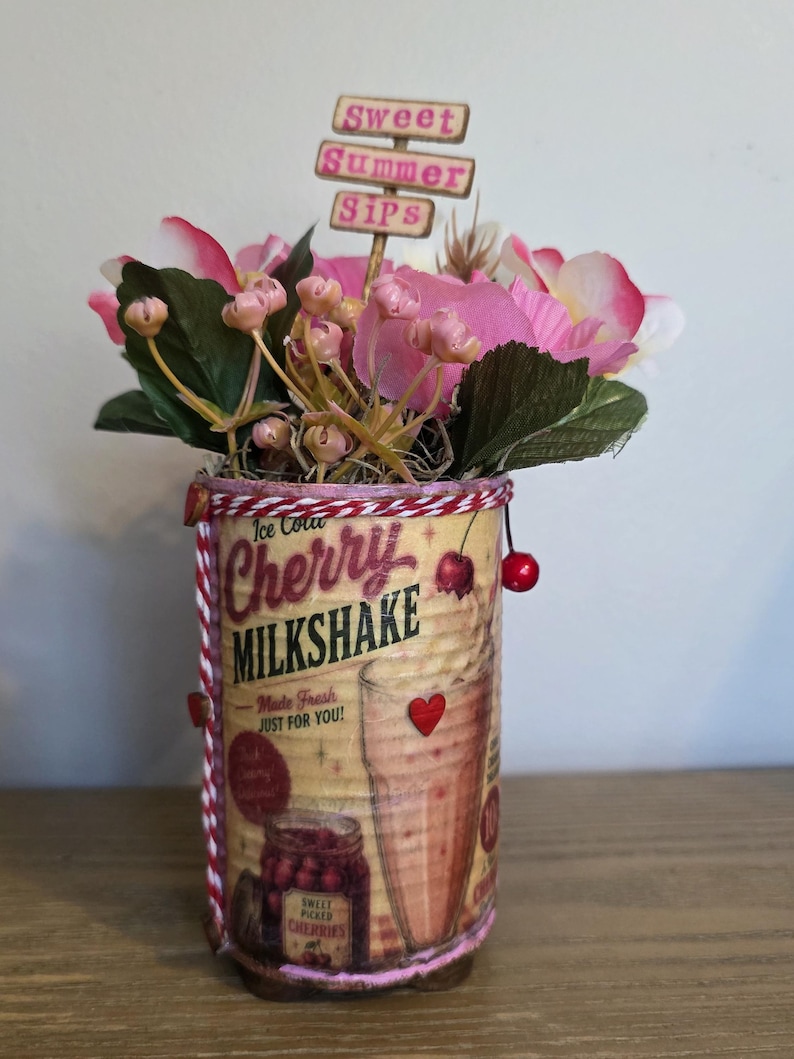Vintage Style Cherry Milkshake Floral Arrangement Tin Rustic Summer ...