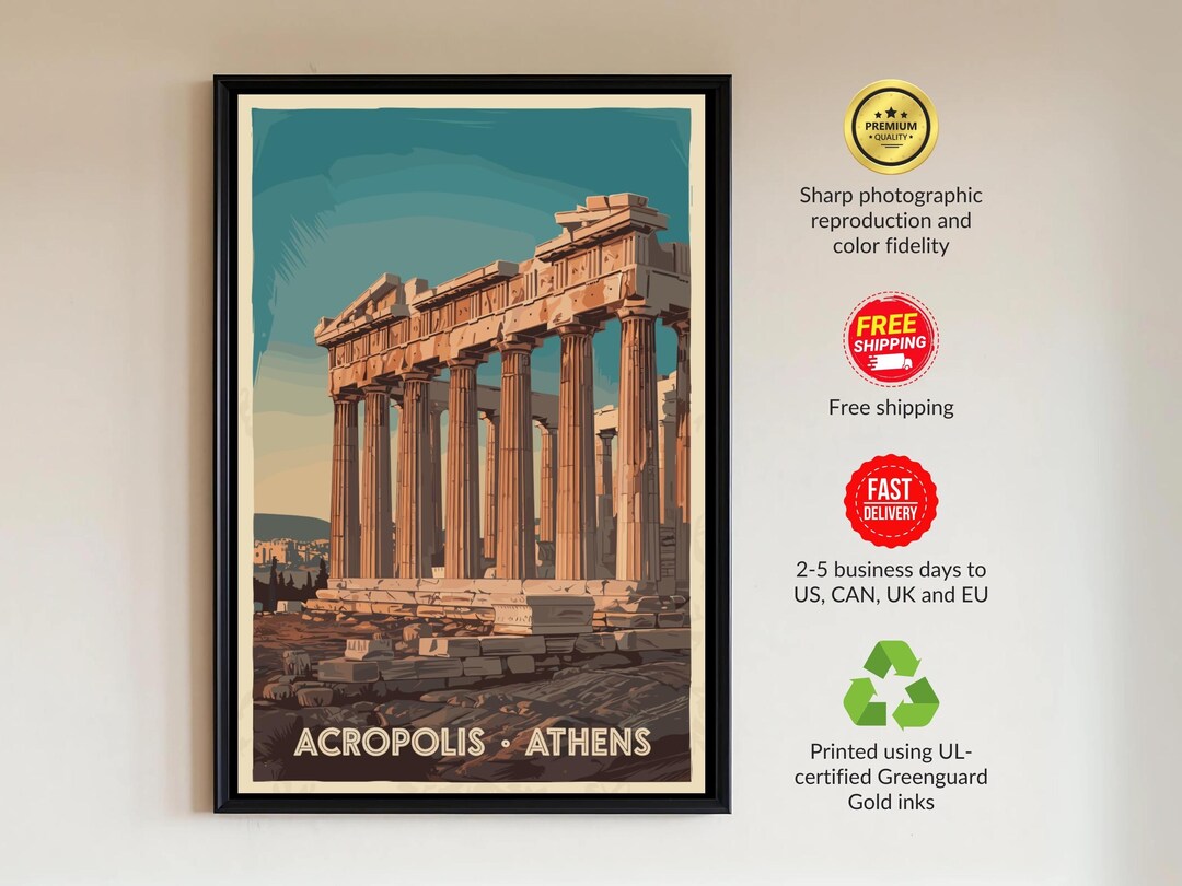 Vintage Athens Acropolis Travel Print | Retro Greece Landmark Wall Art ...