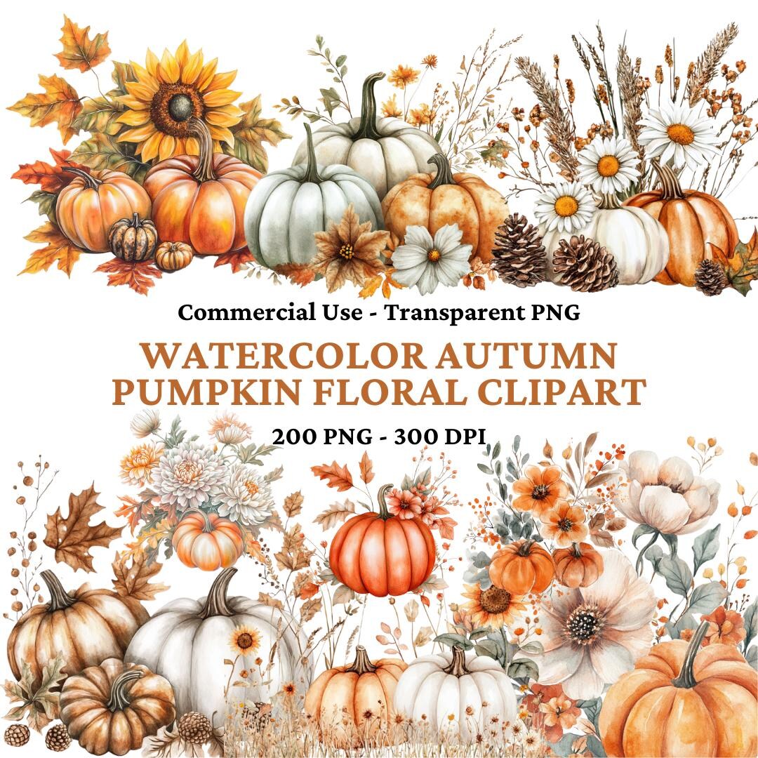 200 Watercolor Autumn Pumpkin Flower Clipart Pack - Autumn Floral ...