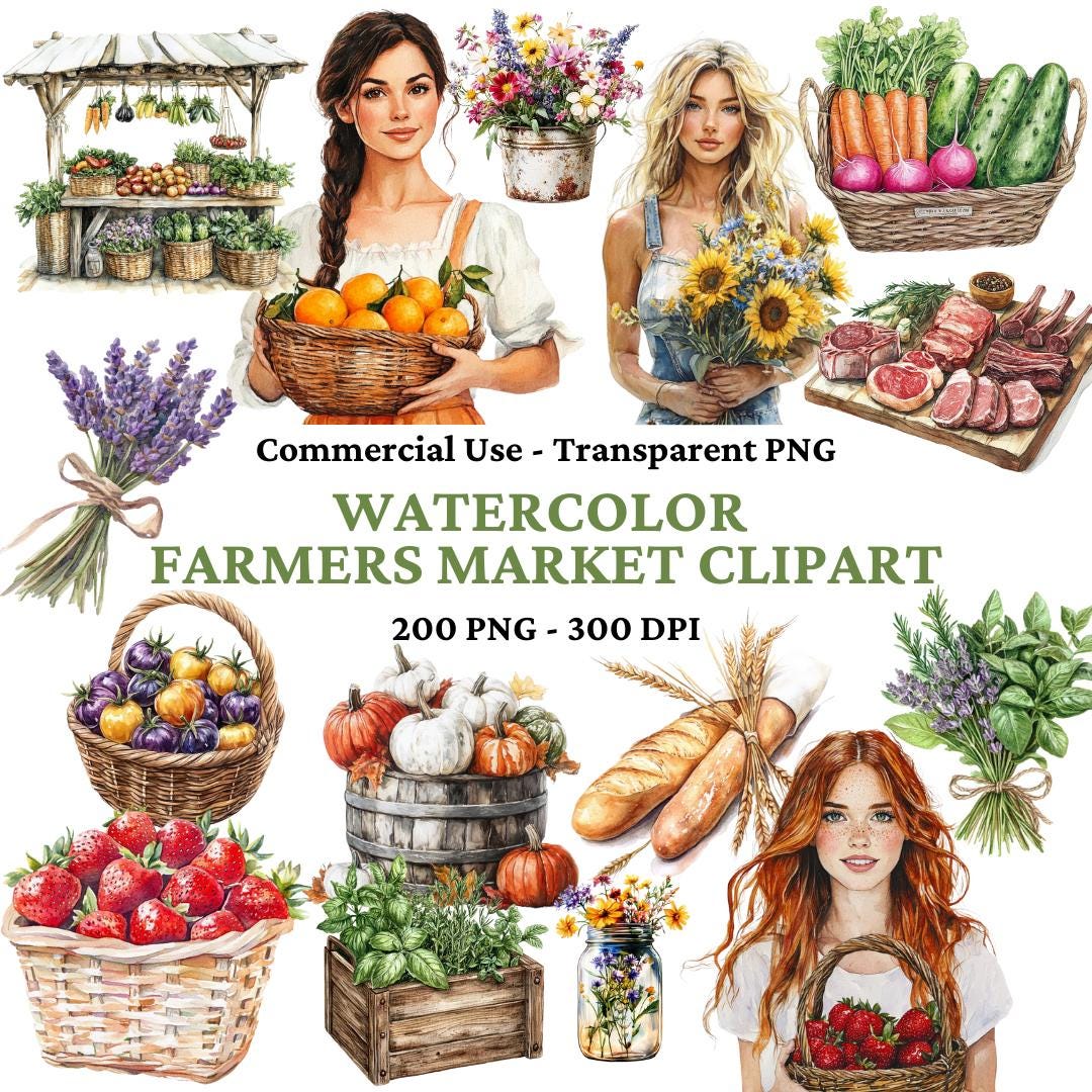 200 Watercolor Farmers Market Clipart - Fresh Vegetable Clipart ...
