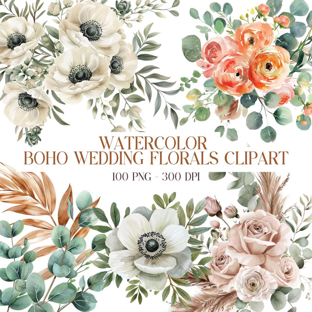 100 Boho Wedding Floral Clipart Set, Watercolor Boho Flowers PNG for ...
