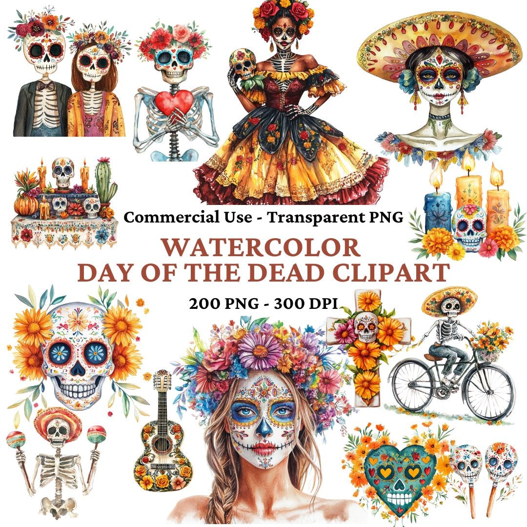 200 Watercolor Day of the Dead Clipart - Dia De Muertos Clip Art ...