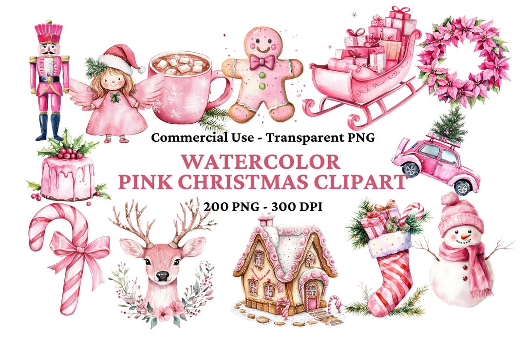 200 Pink Christmas PNG Clipart - Watercolor Pink Christmas - Elements ...