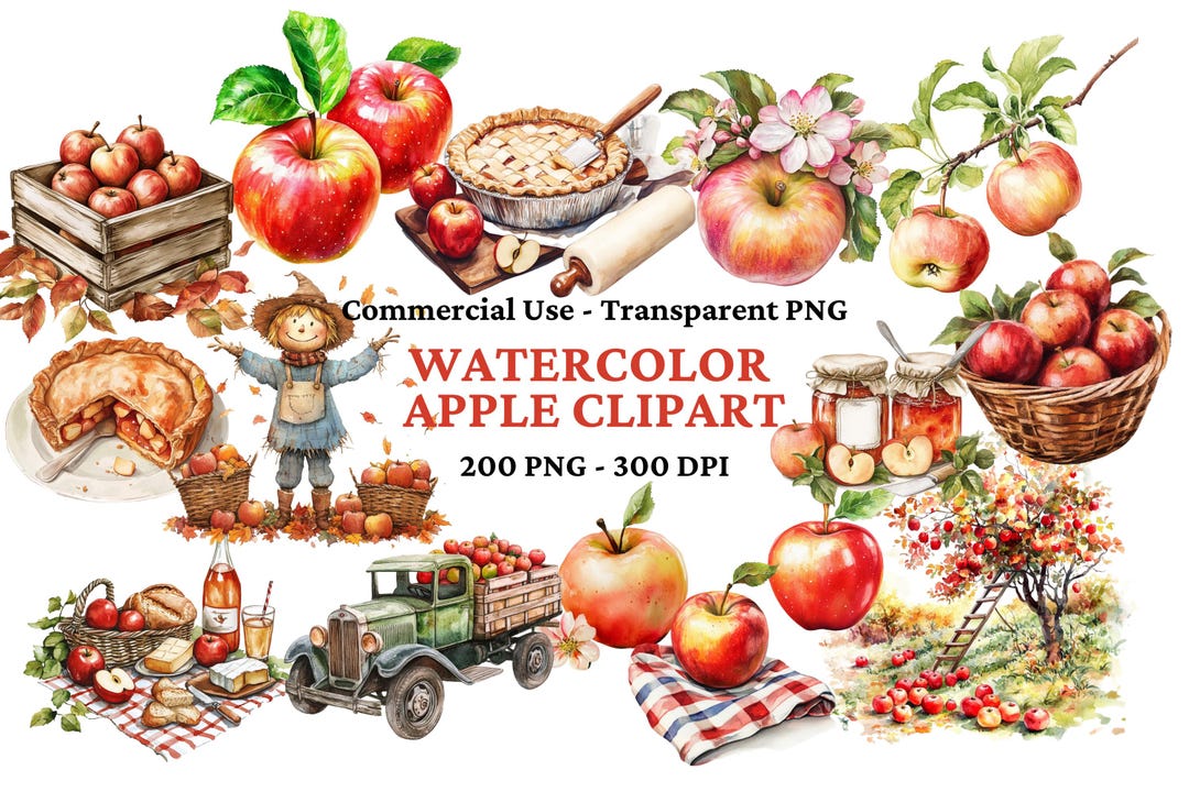 200 Watercolor Apple Clipart - Apple Pie Clipart - Apple Tree PNG ...