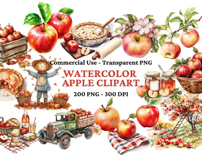 200 Watercolor Apple Clipart - Apple Pie Clipart - Apple Tree PNG ...
