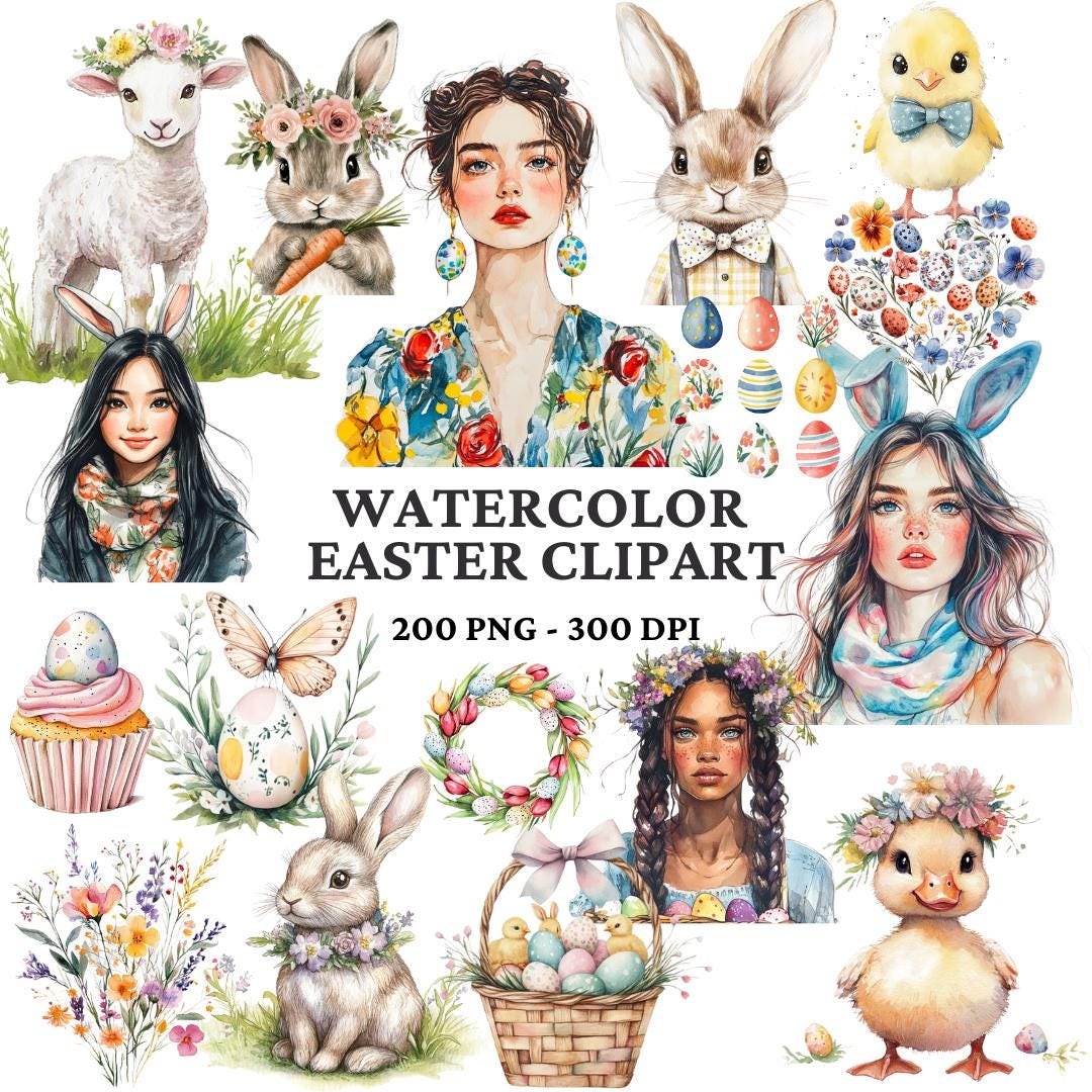 200 Easter Watercolor Cliparts - Pastel Bunny, Floral Eggs, Spring ...