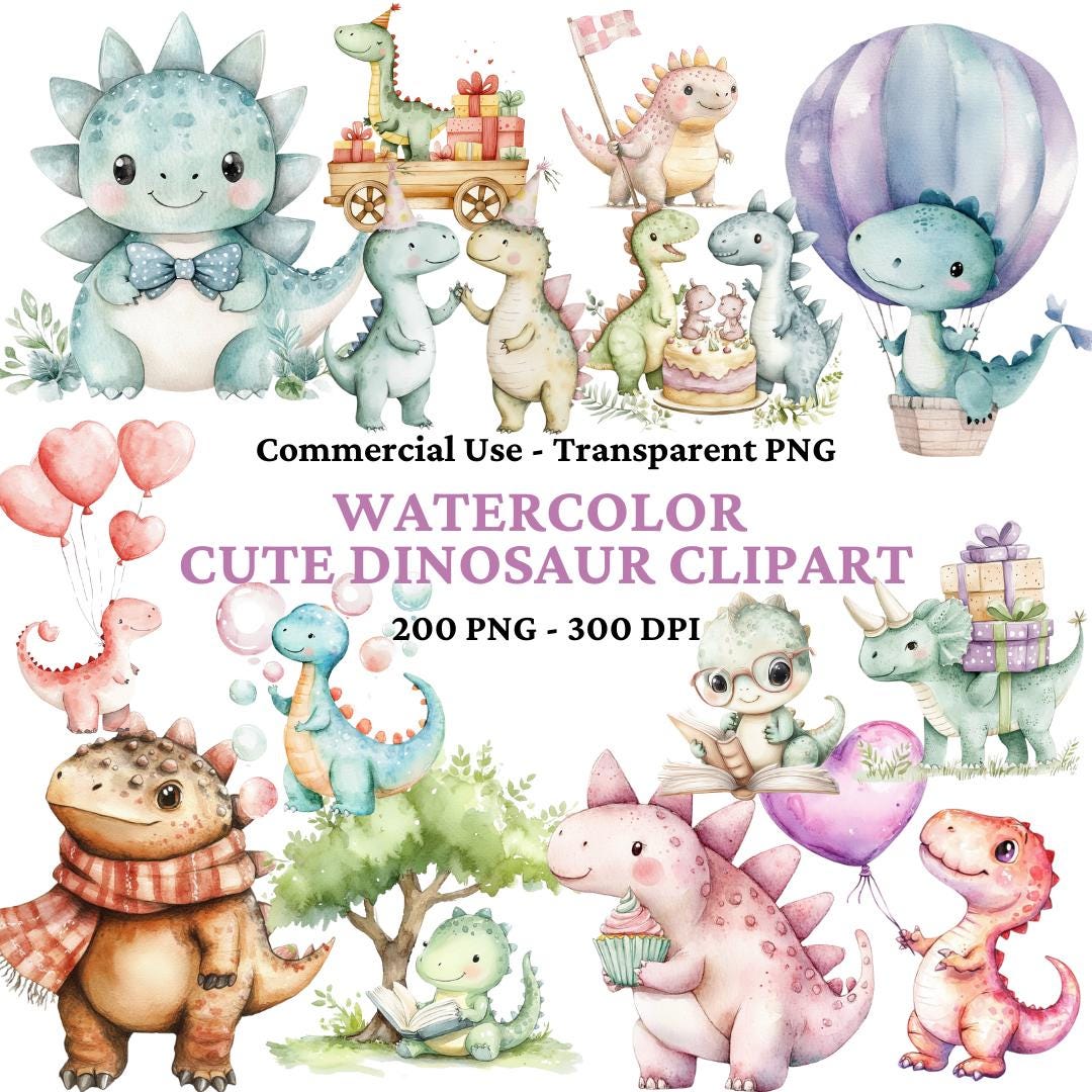 200 Cute Watercolor Baby Dinosaur Clipart - Baby Dino Clipart - Nursery ...