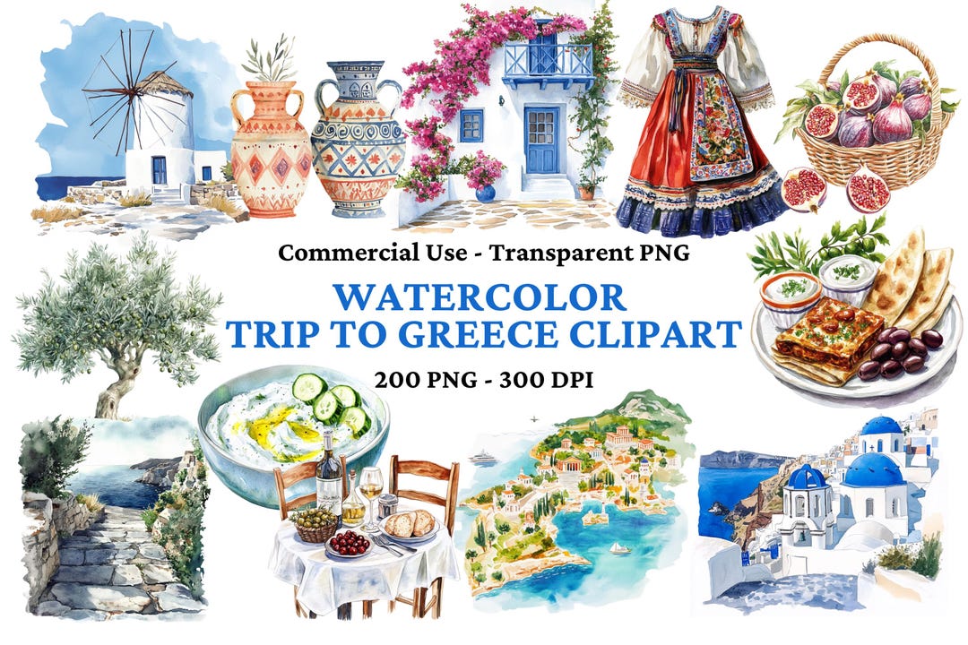 200 Greece Clipart - Athens Clipart - Santorini Clipart - Watercolor ...