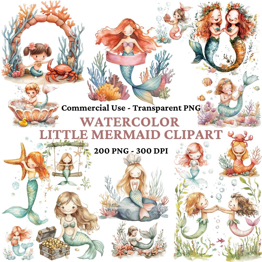200 Watercolor Cute Mermaid Clipart - Birthday Girl - Nursery Clipart ...