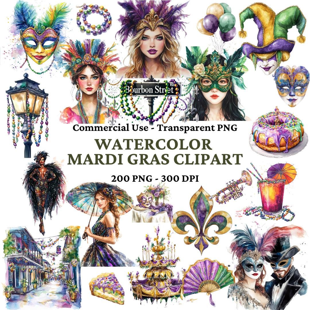 200 Mardi Gras Watercolor Clipart Bundle - Handpainted Digital Graphics ...