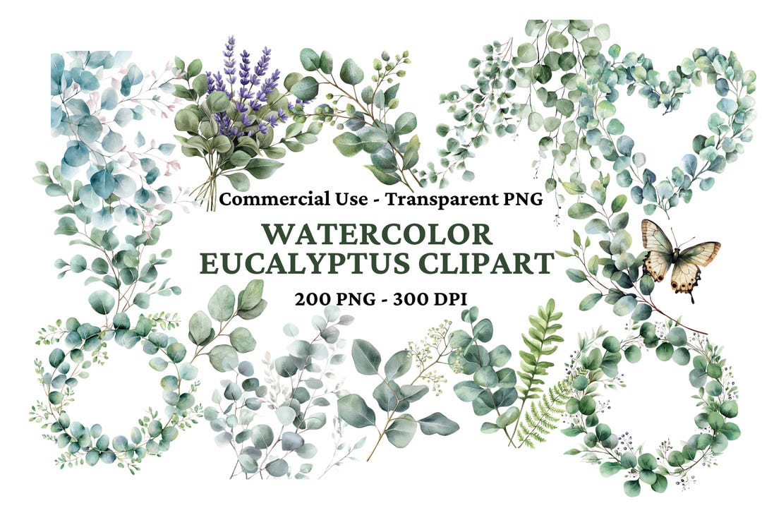 200 Eucalyptus Watercolor Clipart Set - Elegant Wedding Bundle ...