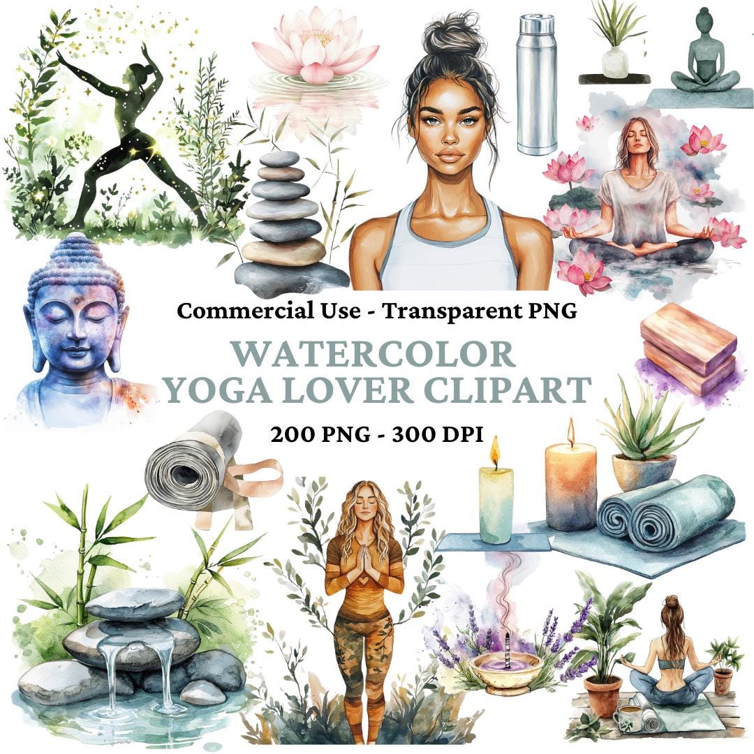 200 Watercolor Yoga Lover Clipart Bundle - Meditation Clip Art - Self ...