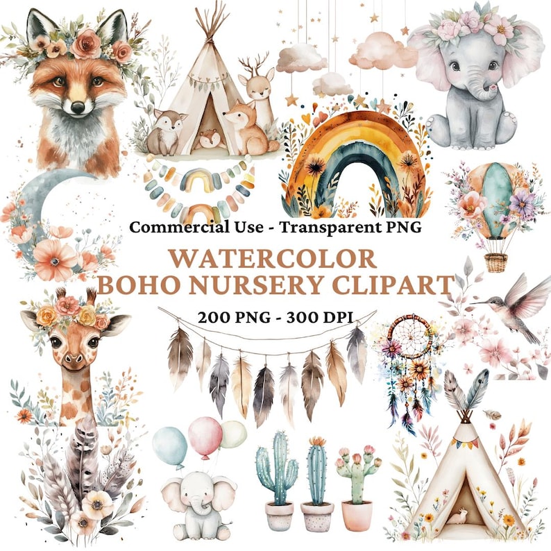200 Boho Nursery Clipart - Cute Boho Doodle Clipart Bundle - Boho ...