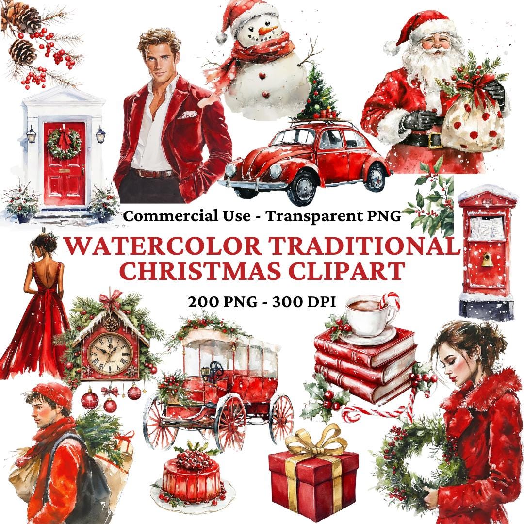 200 Watercolor Traditional Christmas Clipart - Christmas Clipart ...