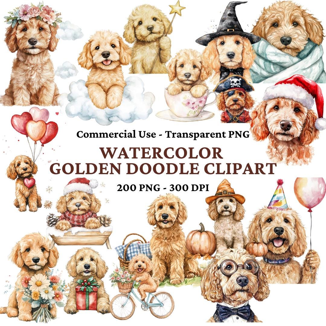 200 Watercolor Golden Doodle Clipart - Watercolor Puppy Illustration ...