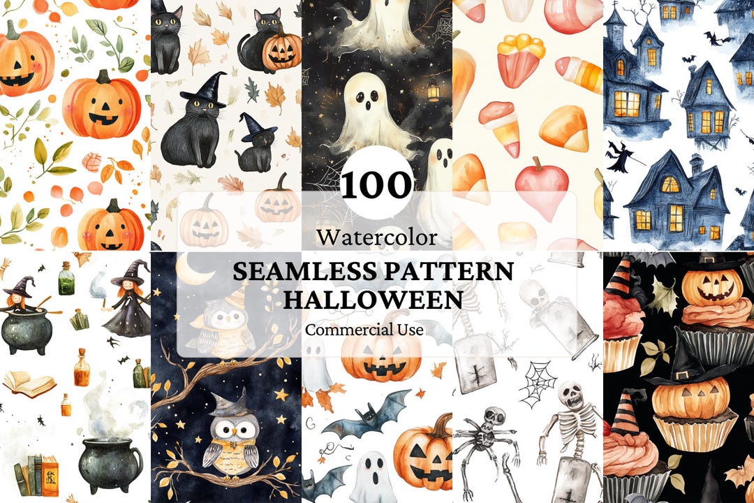 100 Halloween Themed Seamless Pattern - Digital Paper - Commercial Use ...
