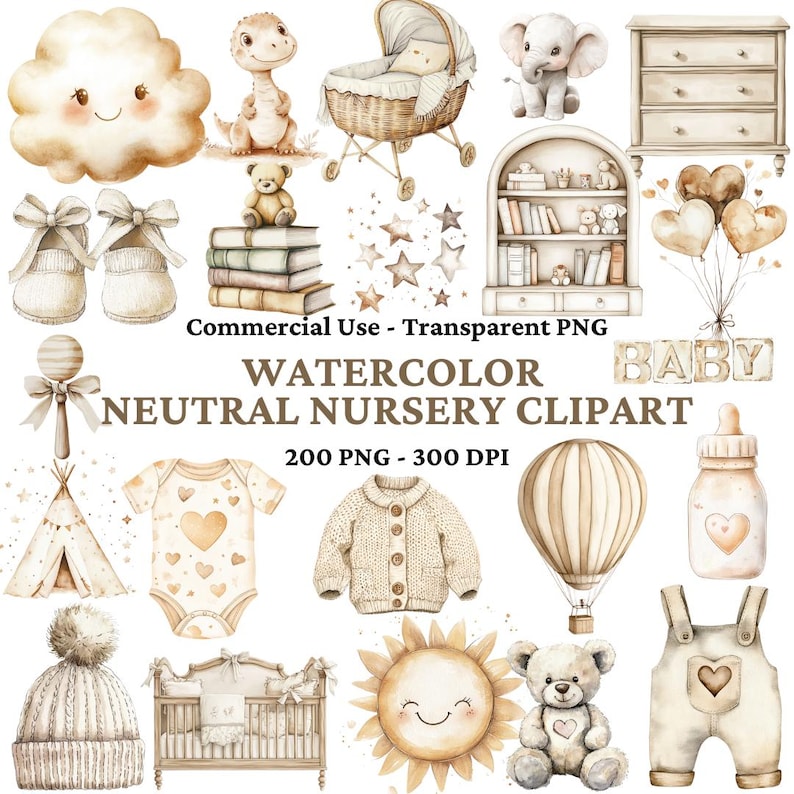 200 Watercolor Neutral Baby Shower Clipart - Newborn Bundle, Baby, Boy ...
