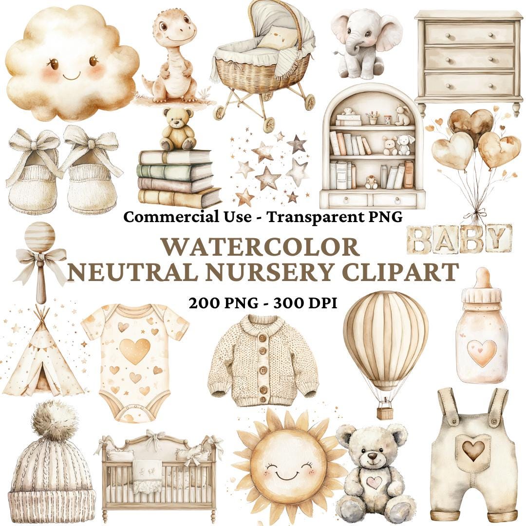 200 Watercolor Neutral Baby Shower Clipart - Newborn Bundle, Baby, Boy ...