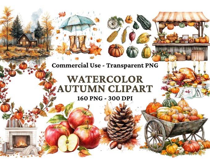 160 Autumn Design Clipart - Watercolor Autumn PNG - Commercial Use ...