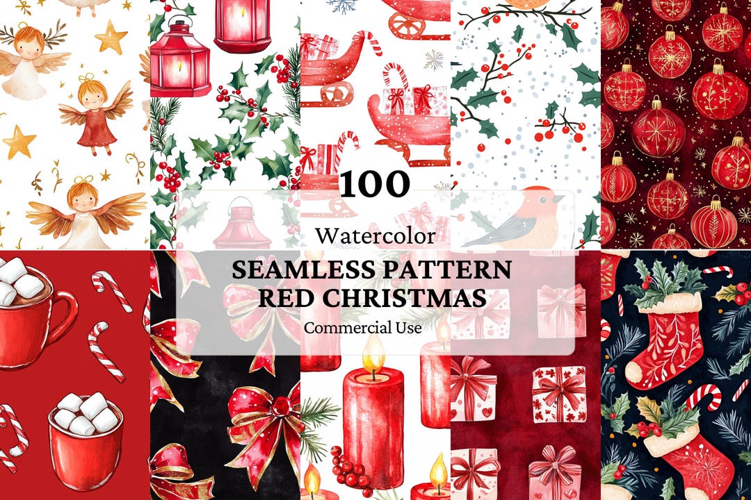 100 Red Christmas Digital Paper Set - Christmas Seamless Pattern ...