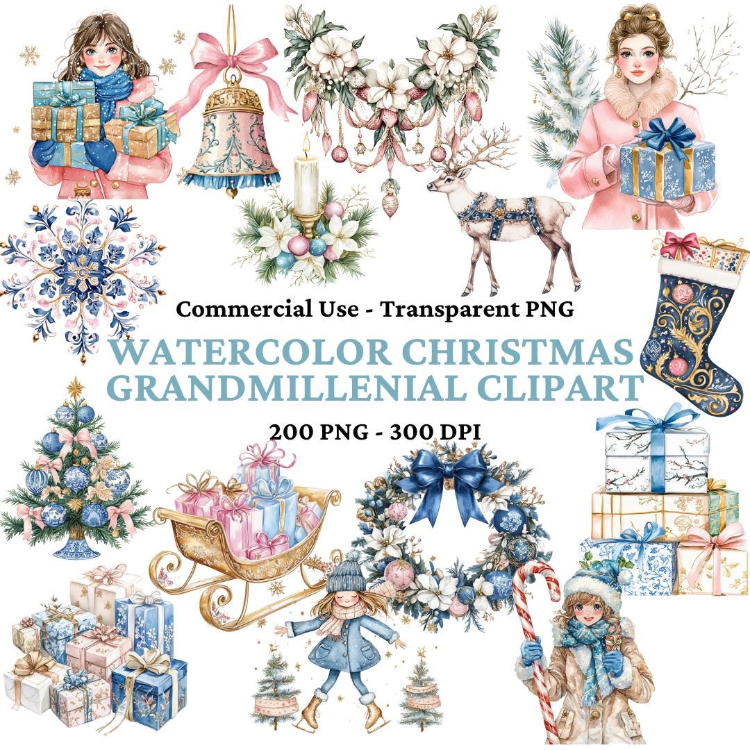 200 Christmas Grandmillenial Watercolor Clipart - Chinoiserie Clip Art ...