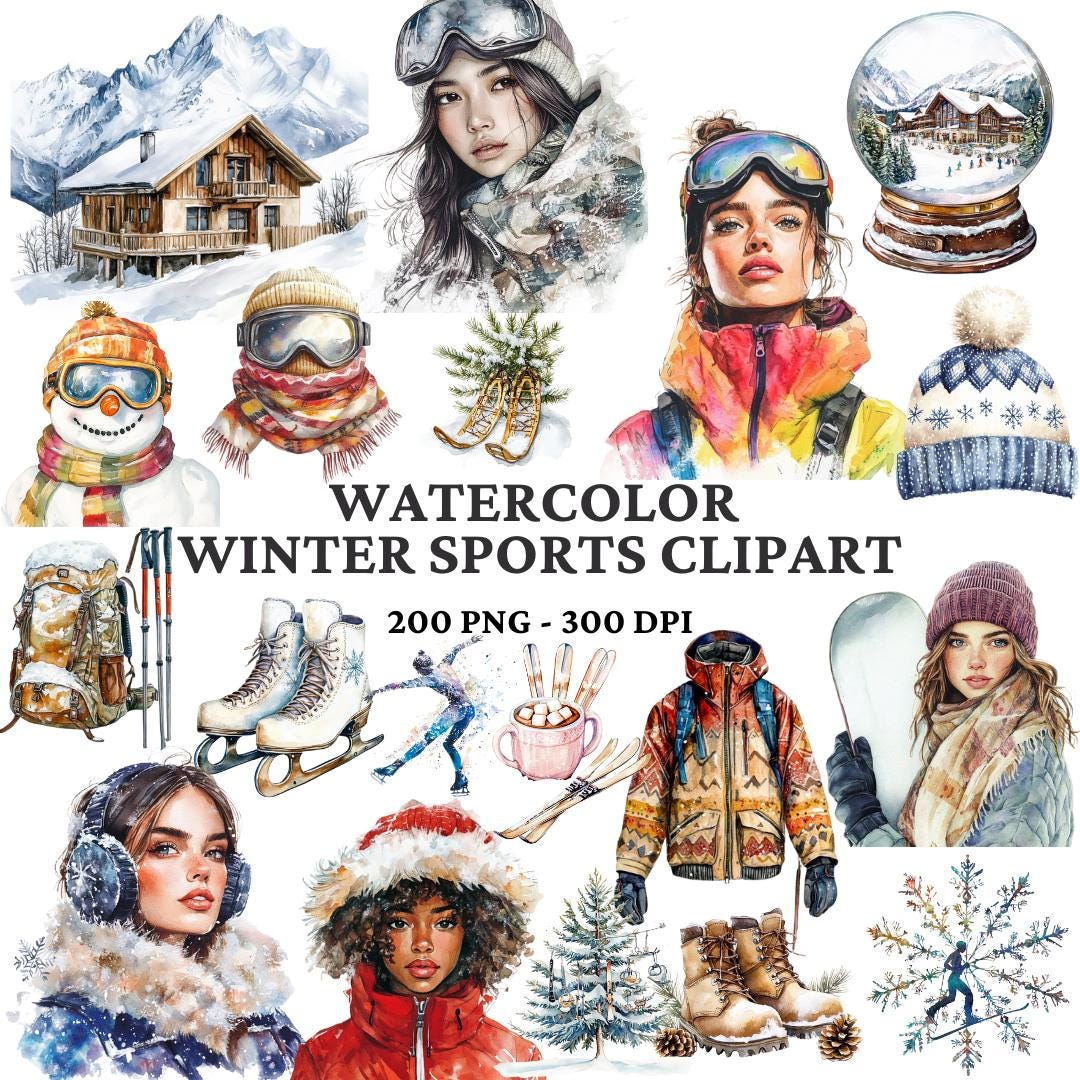 200 Winter Sports Watercolor Clipart Bundle - Skiing, Snowboarding, Ice ...
