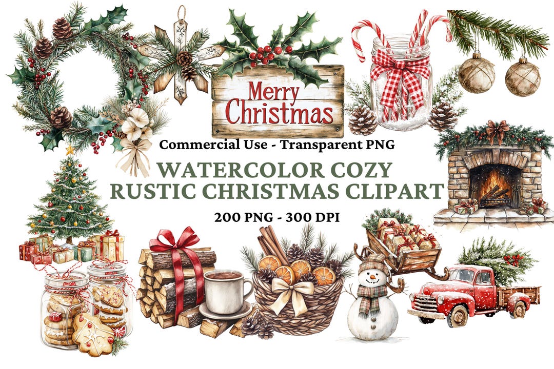 200 Watercolor Rustic Christmas Clipart - Christmas Tree Clipart - Boho ...
