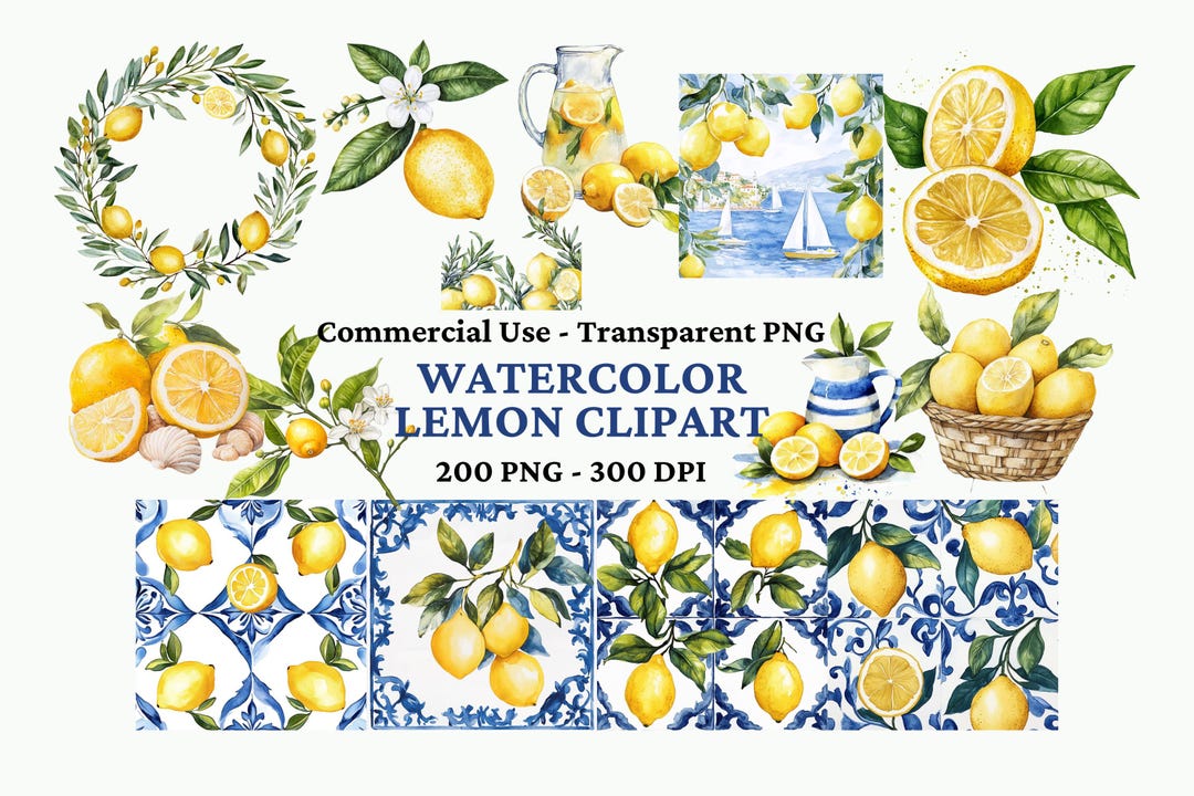 200 Watercolor Lemon Clipart - Fruit Clipart - Lemon PNG Bundle ...