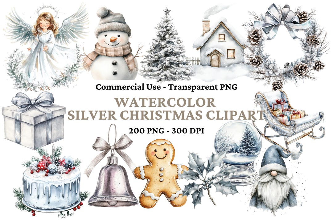 200 Watercolor Silver Christmas Clipart - Elements for Christmas Crafts ...